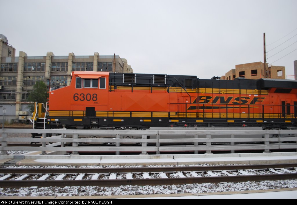 BNSF 6308 side shot as she waits for a crew to go north with a empty coal train.